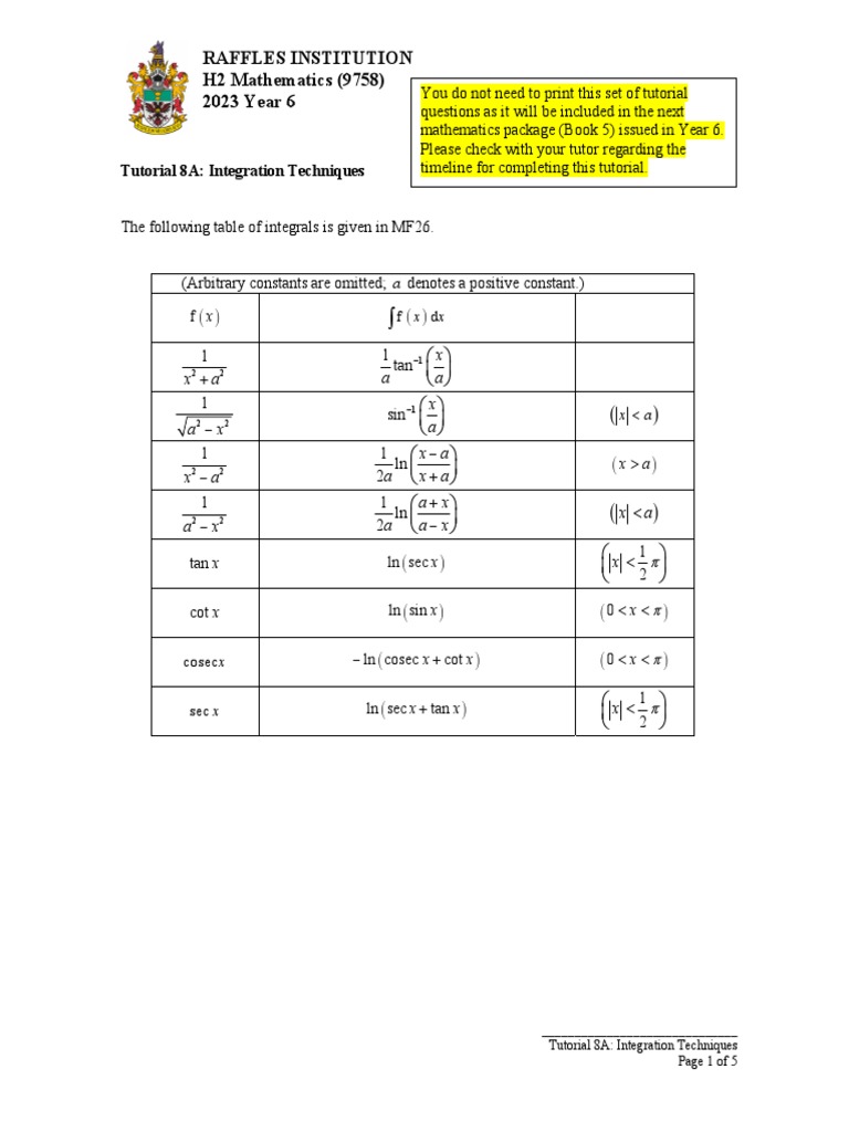2022 H2 C8A Integration Techniques - Tutorial | PDF | Trigonometric Functions | Mathematical Objects