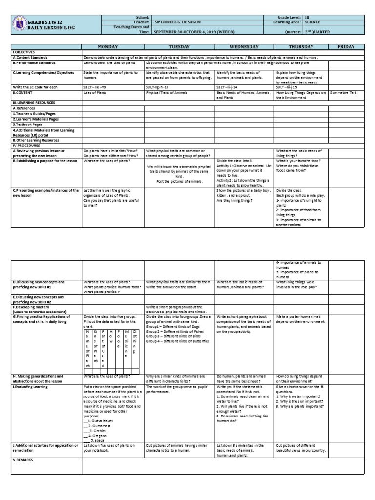 DLL - Science 3 - Q2 - W8 | PDF | Learning | Human