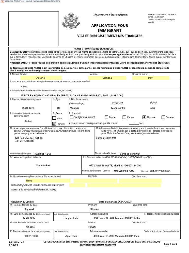 Ds 230 Sample Immigrant Visa | PDF