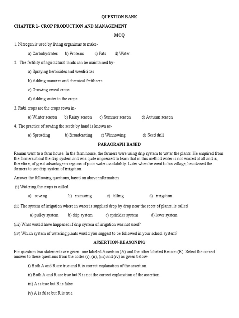 CLASS VIII QUESTION BANK - 1. Crop Production and Managemnet | PDF ...
