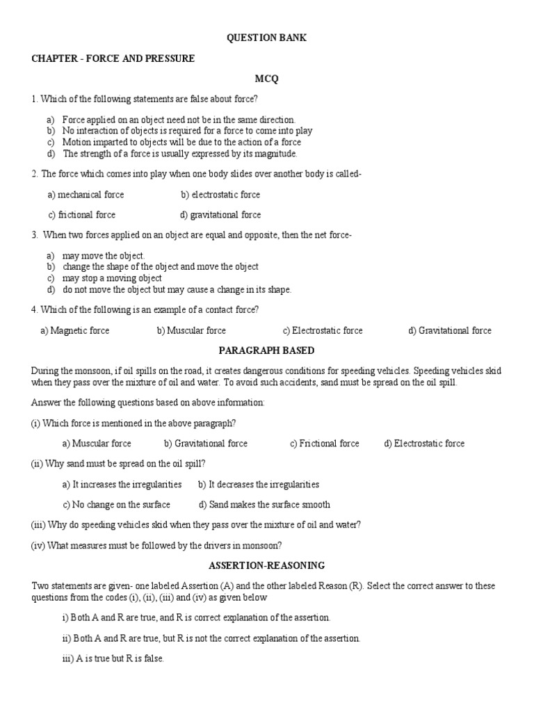 FORCE AND PRESSURE MCQ QUESTION BANK | PDF | Force | Pressure