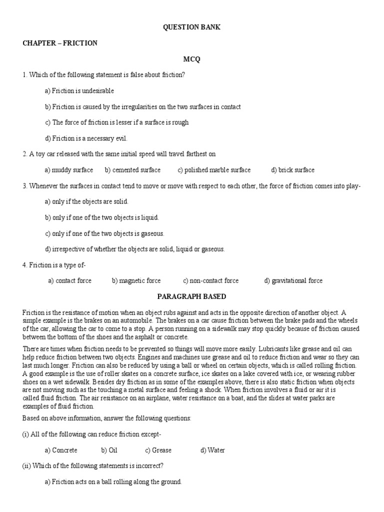 CLASS VIII QUESTION BANK - 12. Friction | Download Free PDF | Friction ...