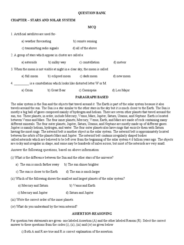 CLASS VIII QUESTION BANK - 17 Stars and Solar System | PDF | Solar ...