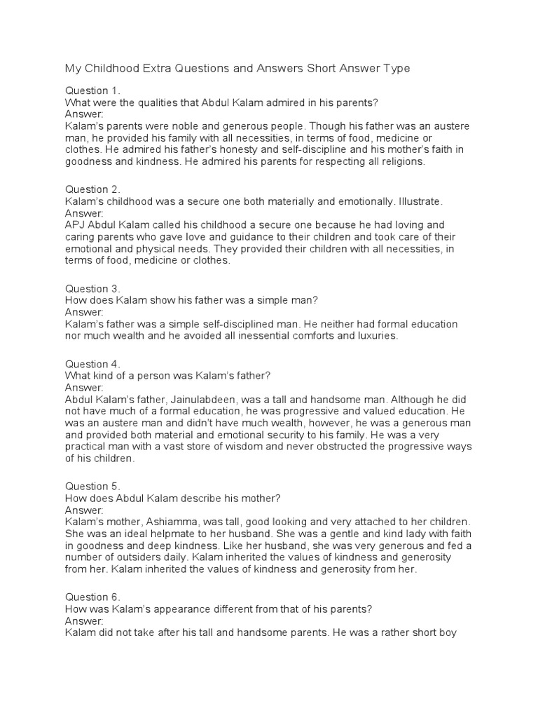 My Childhood Extra Questions and Answers | PDF