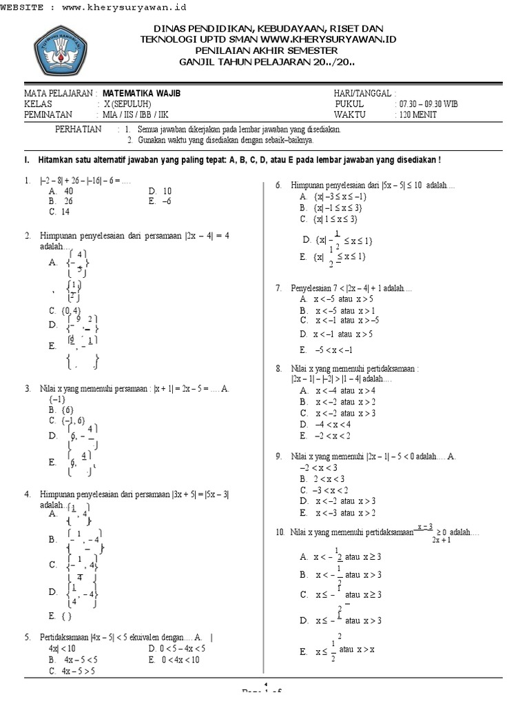 SOAL PAS MATEMATIKA WAJIB KELAS X K13 - WWW - Kherysuryawan.id | PDF | Metode & Bahan Ajar