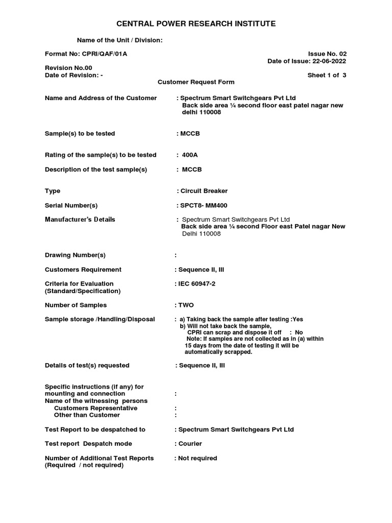 Annex Customer Request Form - 01A - 22062022 | PDF | Specification (Technical Standard ...