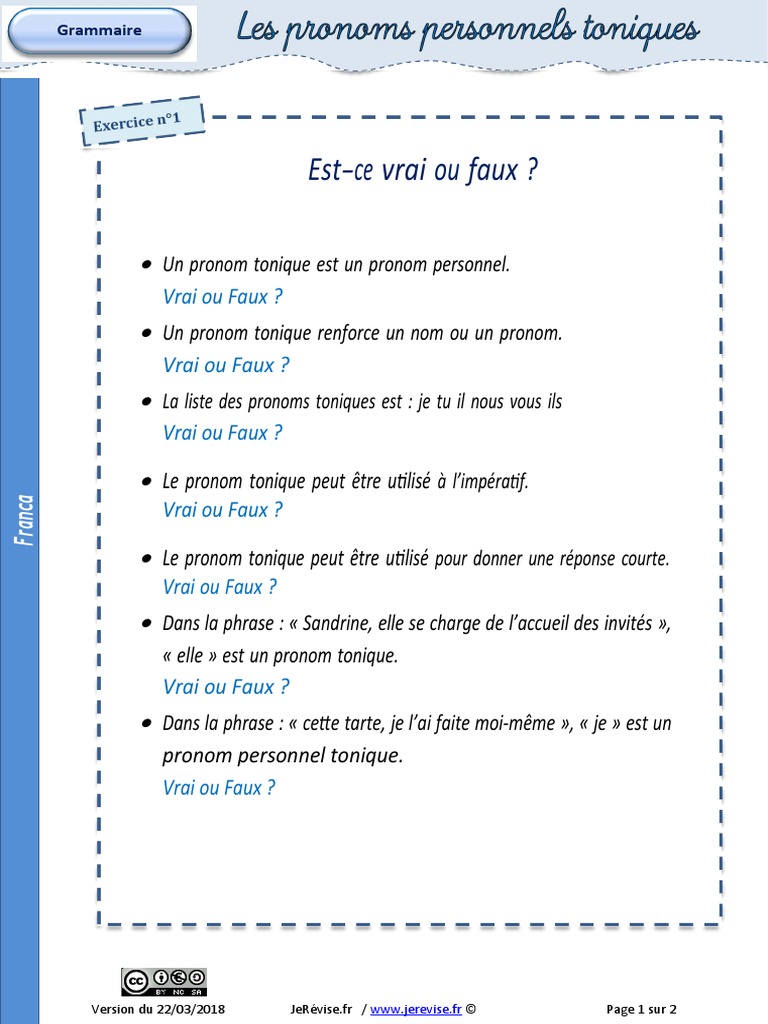 Exercice Pronom Personnel Tonique | PDF