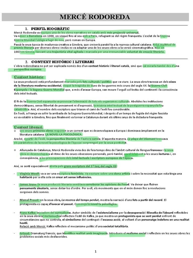 Mercé Rodoreda - Biografia, Context I Obra | PDF
