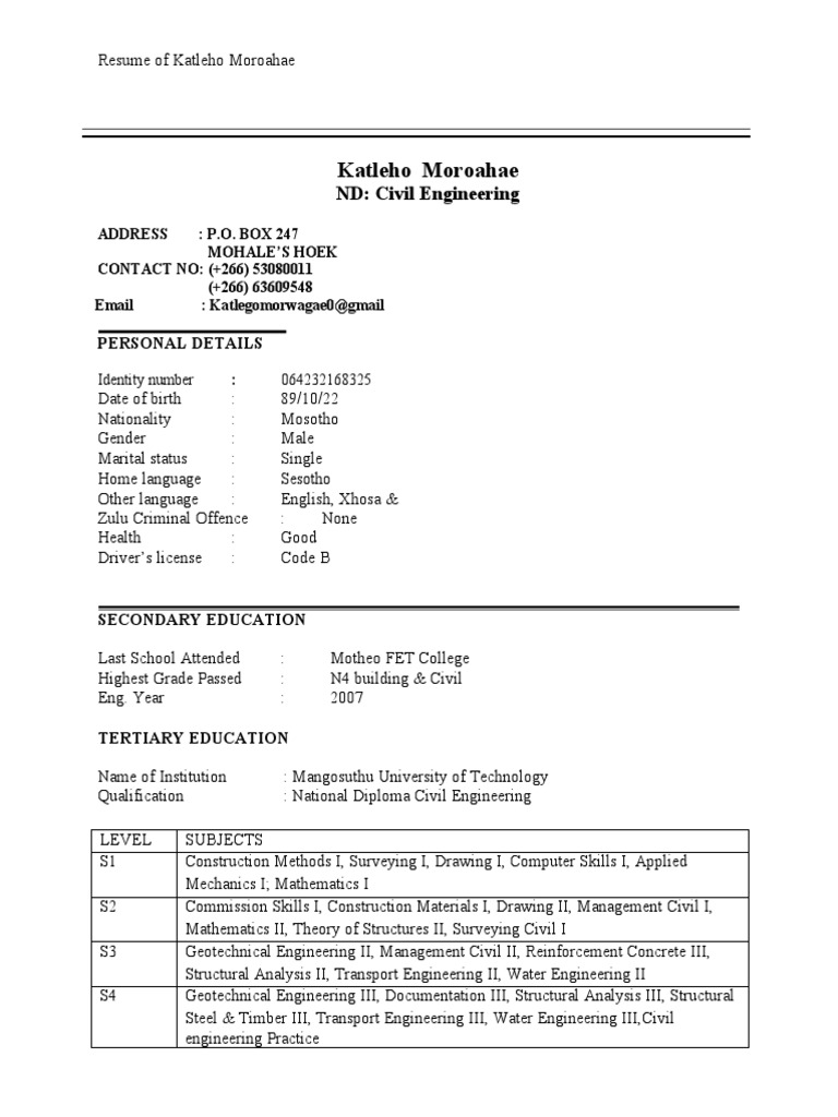 Katleho Moroahae CV - 2022 | PDF | Engineering | Civil Engineering