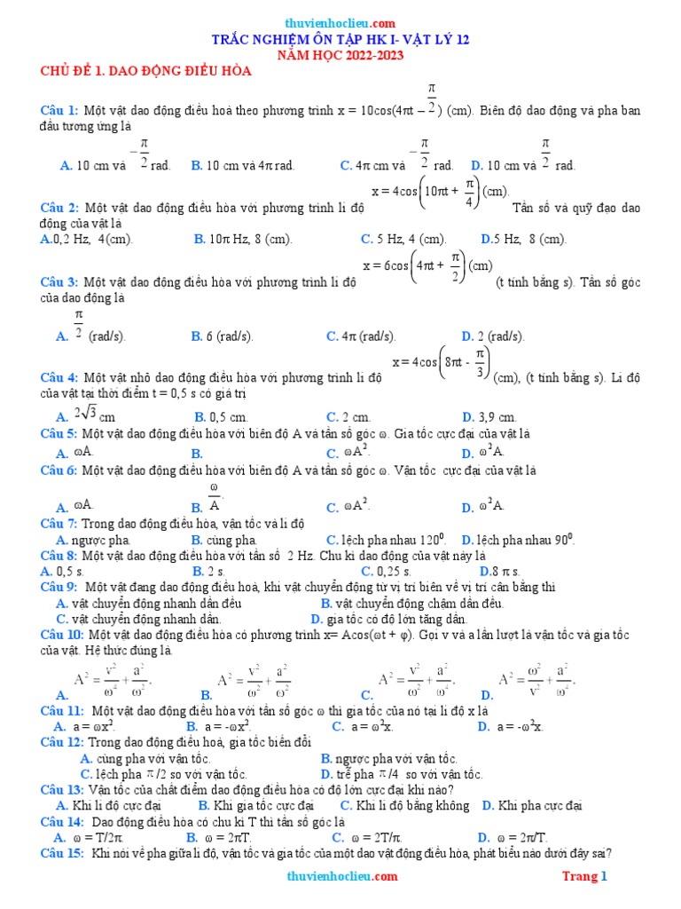 Trac Nghiem On Tap Vat Li 12 HK1 Nam 22 23 | PDF