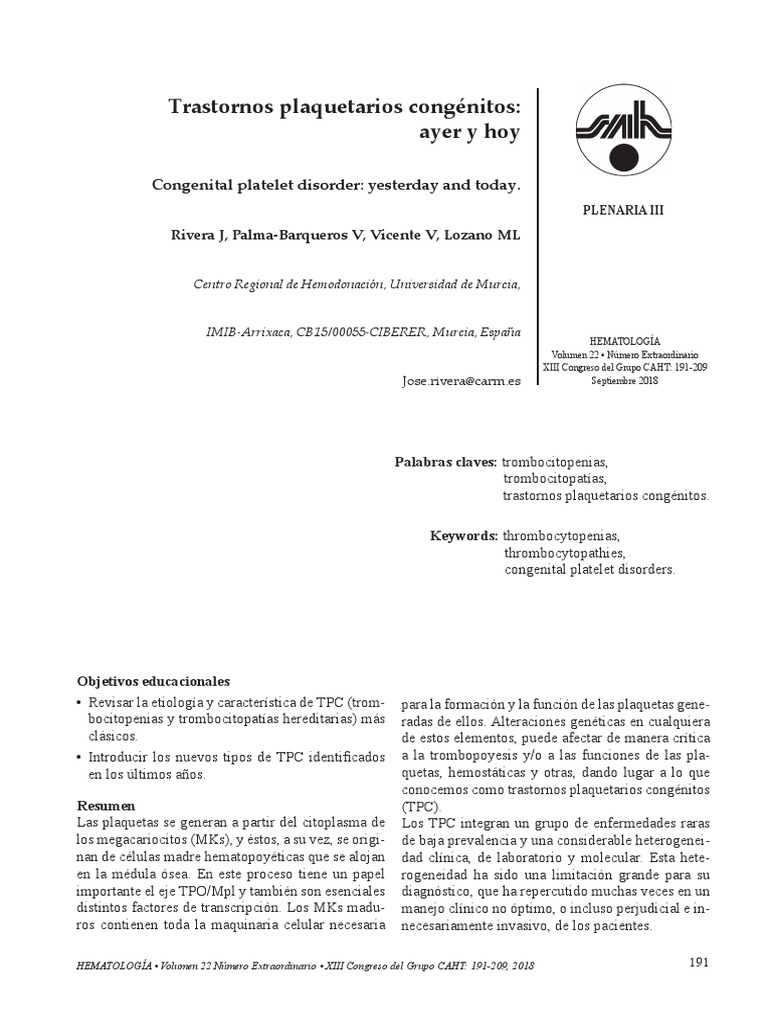 34 Trastornos Plaquetarios Congenitos-Ayer y Hoy | PDF | Plaqueta | Hemostasia