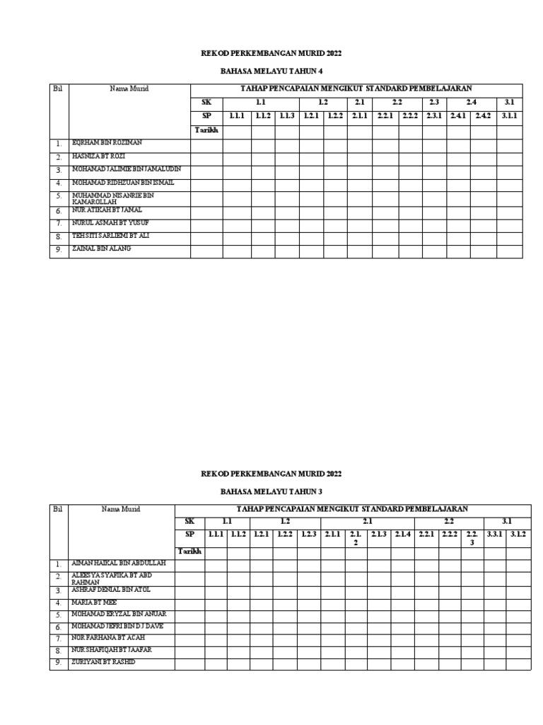 Rekod Perkembangan Murid BM THN4 Dan THN3 | PDF