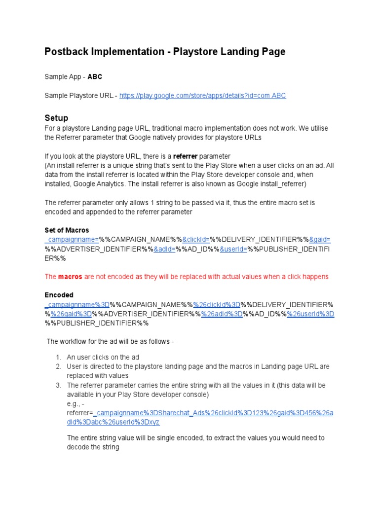 Postback Implementation - Playstore Landing Page | PDF