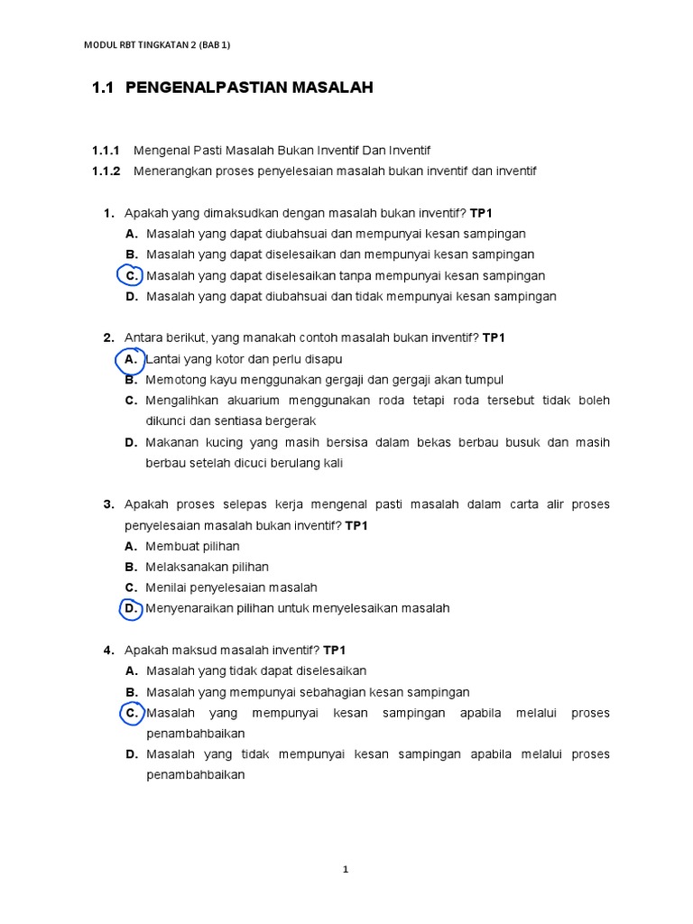 Latihan RBT Bab 1.1 Pengenalpastian Masalah (Jawapan) | PDF
