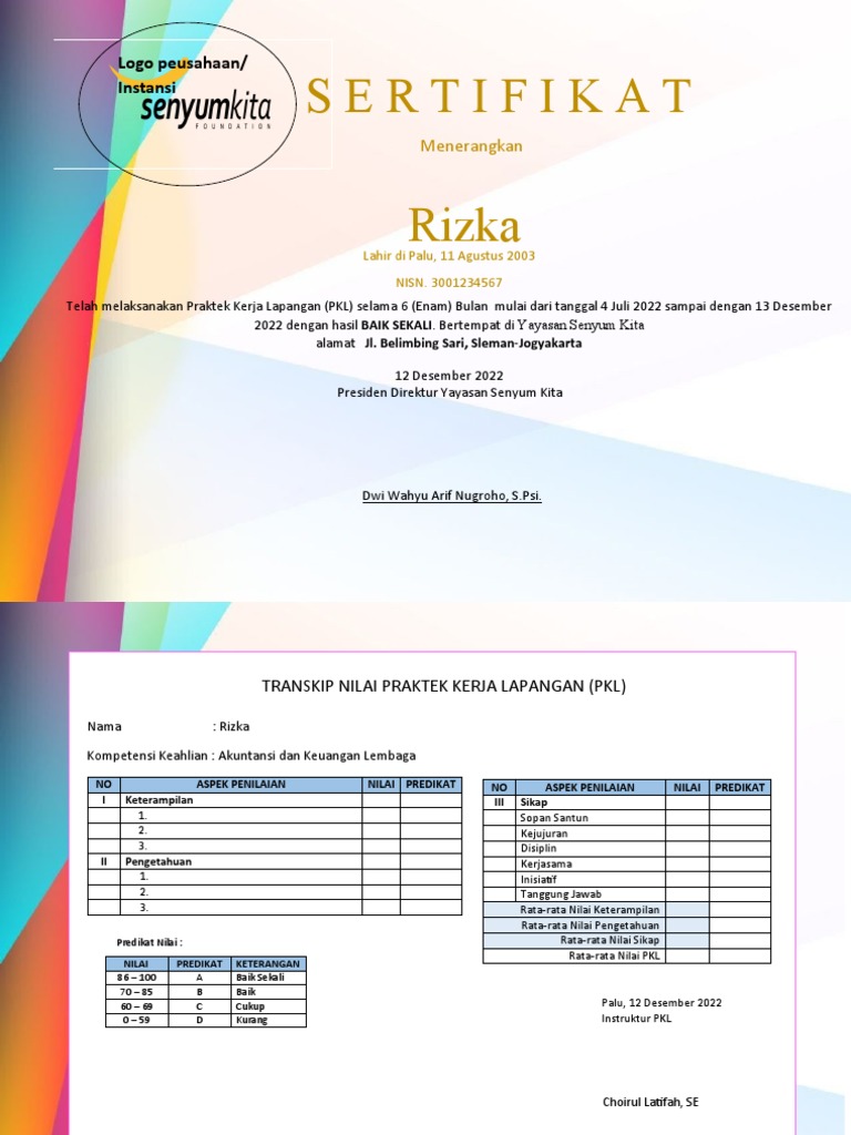 Contoh Sertifikat PKL 2022 | PDF