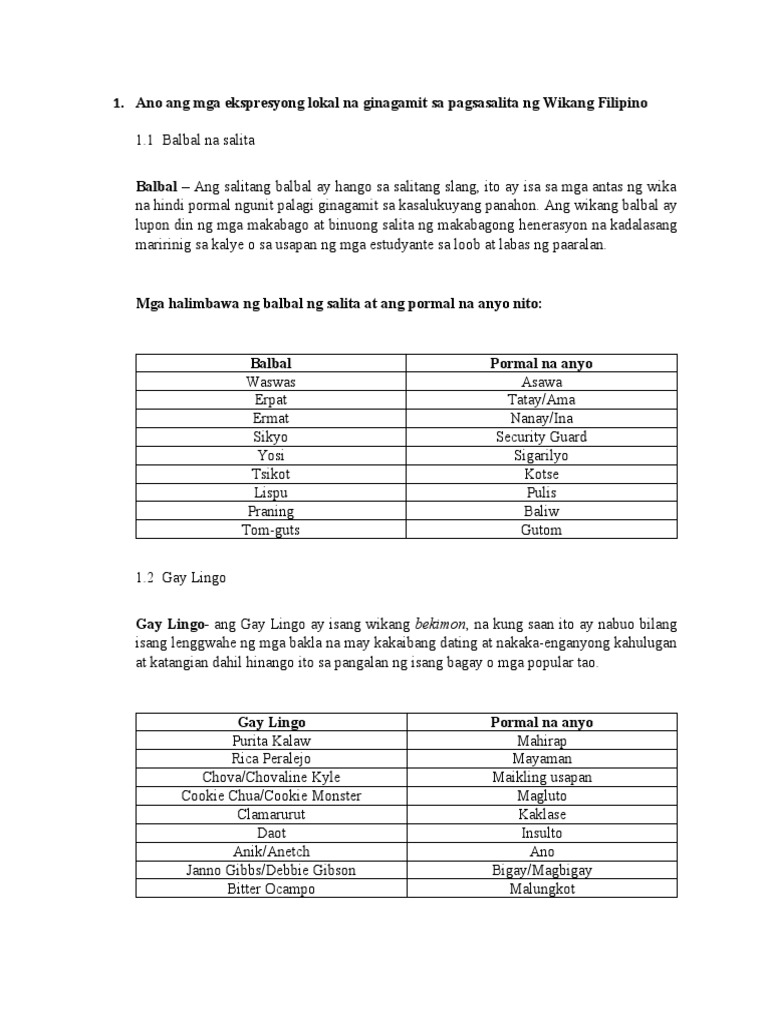 Ano Ang Mga Ekspresyong Lokal Na Ginagamit Sa Pagsasalita NG Wikang ...