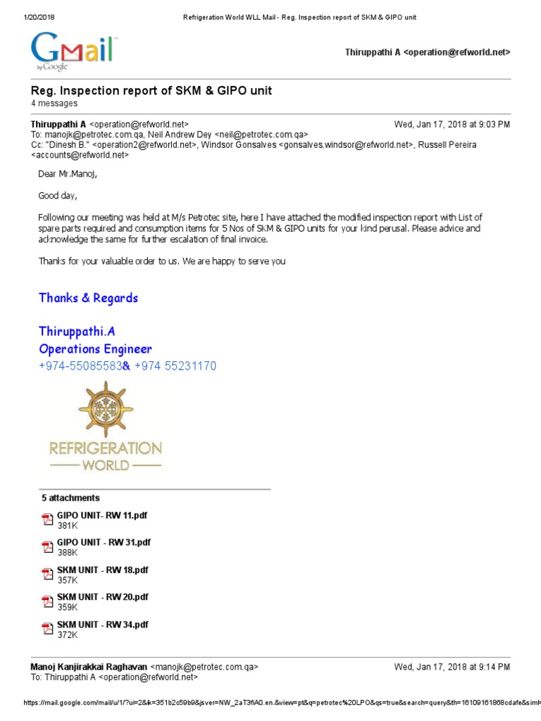 Refrigeration World WLL Mail - Reg. Inspection Report of SKM & GIPO ...
