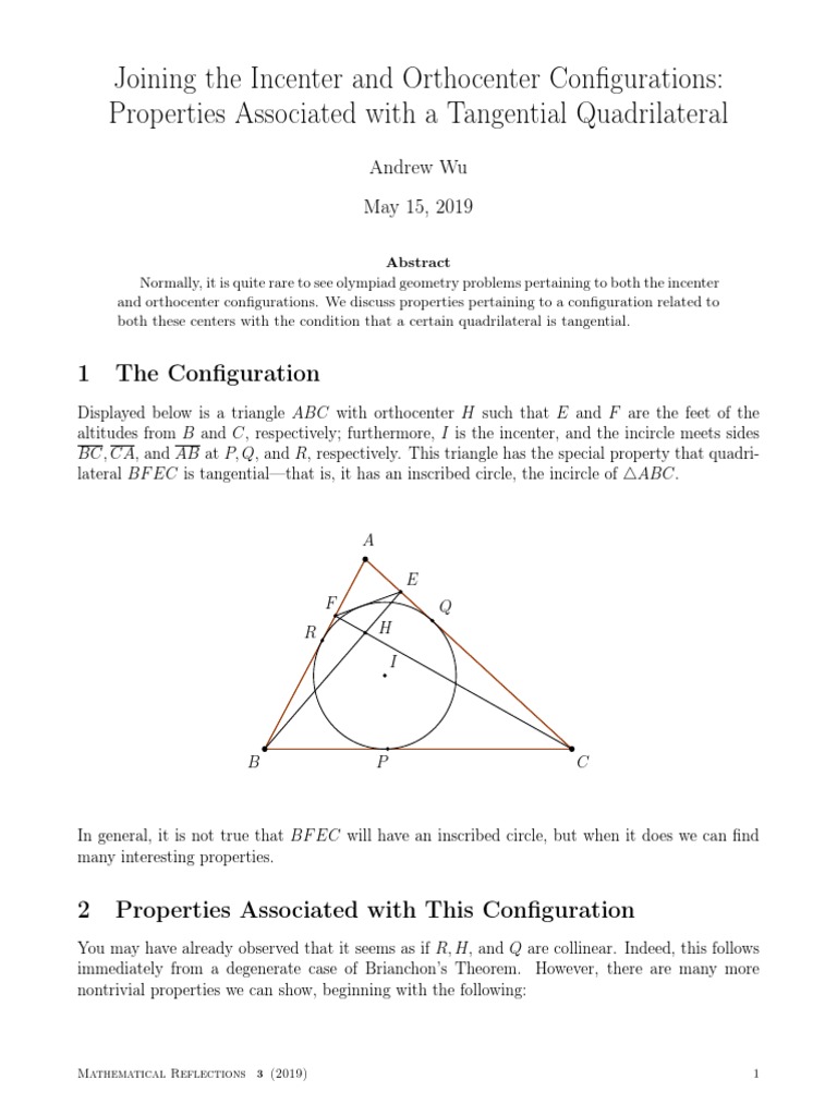 Properties of a Tangential Quadrilateral Connecting an Incenter and ...