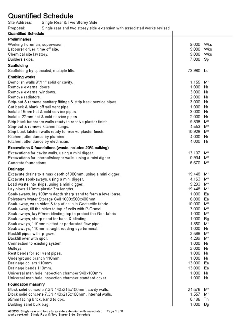 Single Rear & Two Storey Side Extension Schedule | PDF | Plumbing | Tap ...