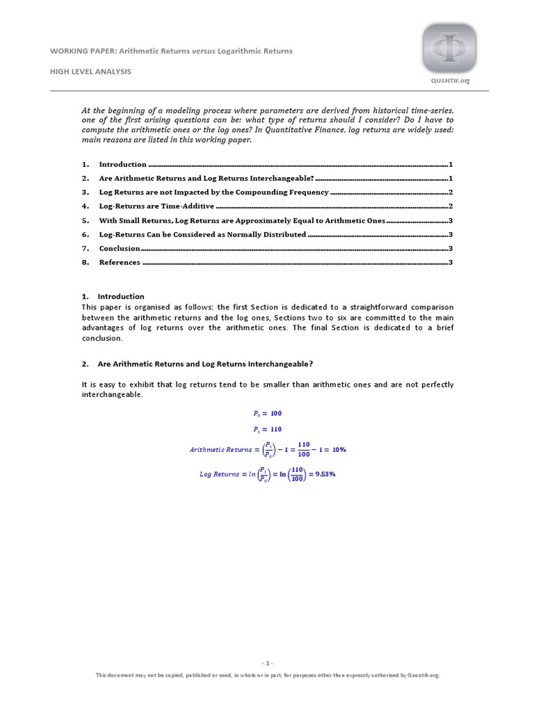 Arithmetic Returns vs. Log Returns | PDF | Logarithm | Applied Mathematics