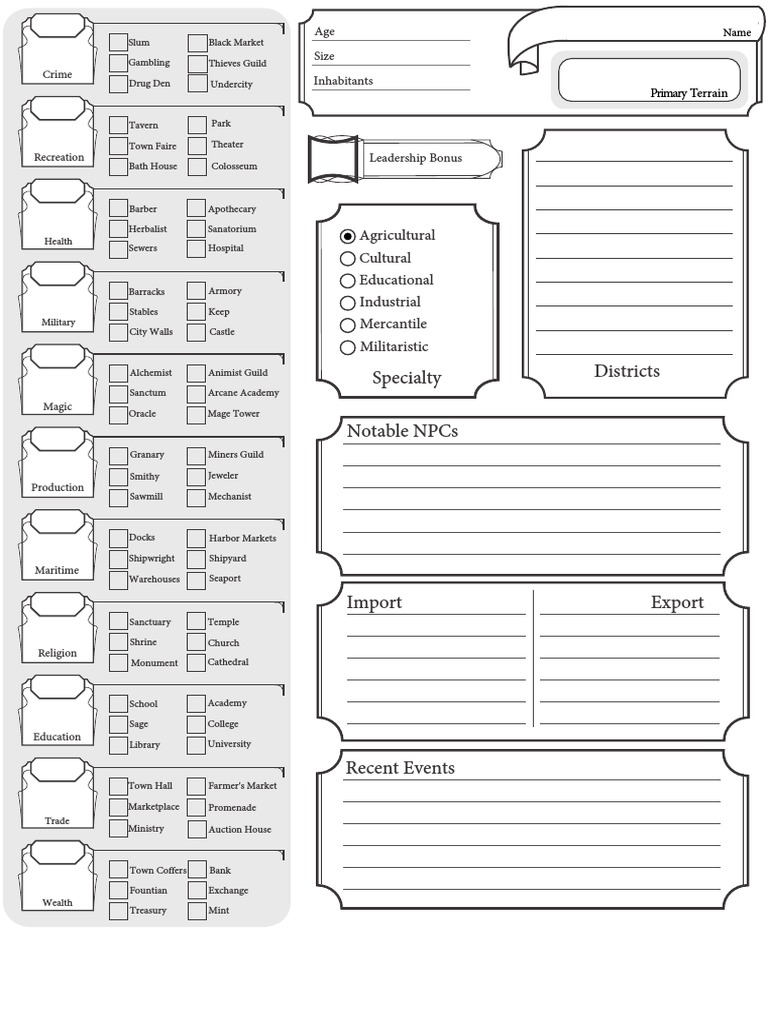 Town Stat Sheet | PDF
