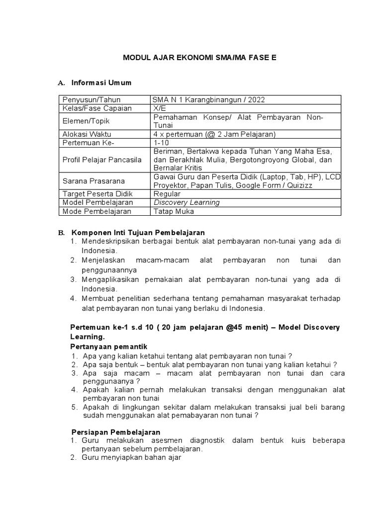 Modul Ajar Ekonomi Alat Pembayaran Non Tunai | PDF