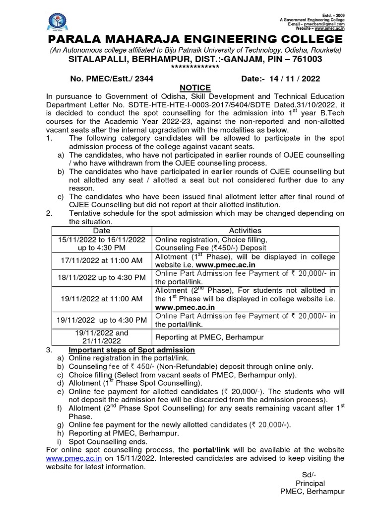 Notice For Spot Admission 2022 1st Year Btech | PDF | Career And ...
