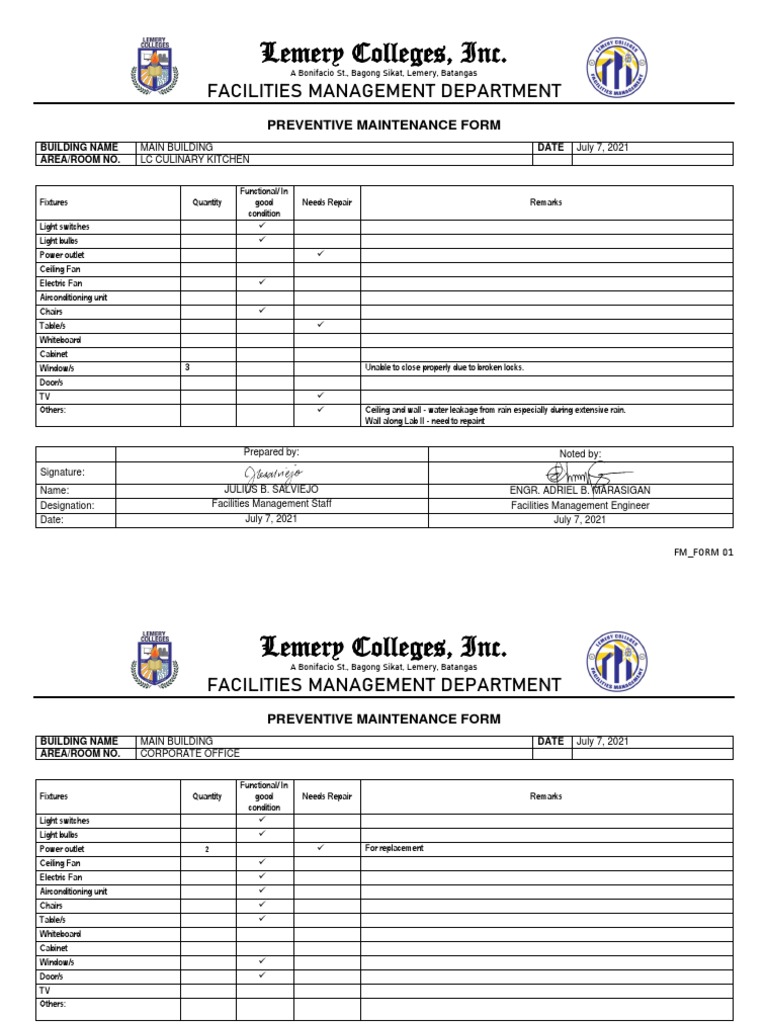 Preventive Maintenance Form - 01 | PDF | Air Conditioning | Mechanical ...
