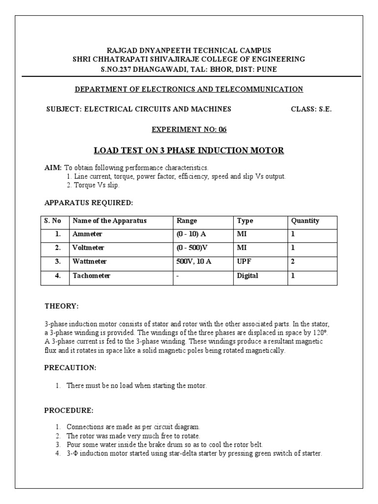 Load Test On 3 Phase Induction Motor | PDF | Electric Motor | Magnetism