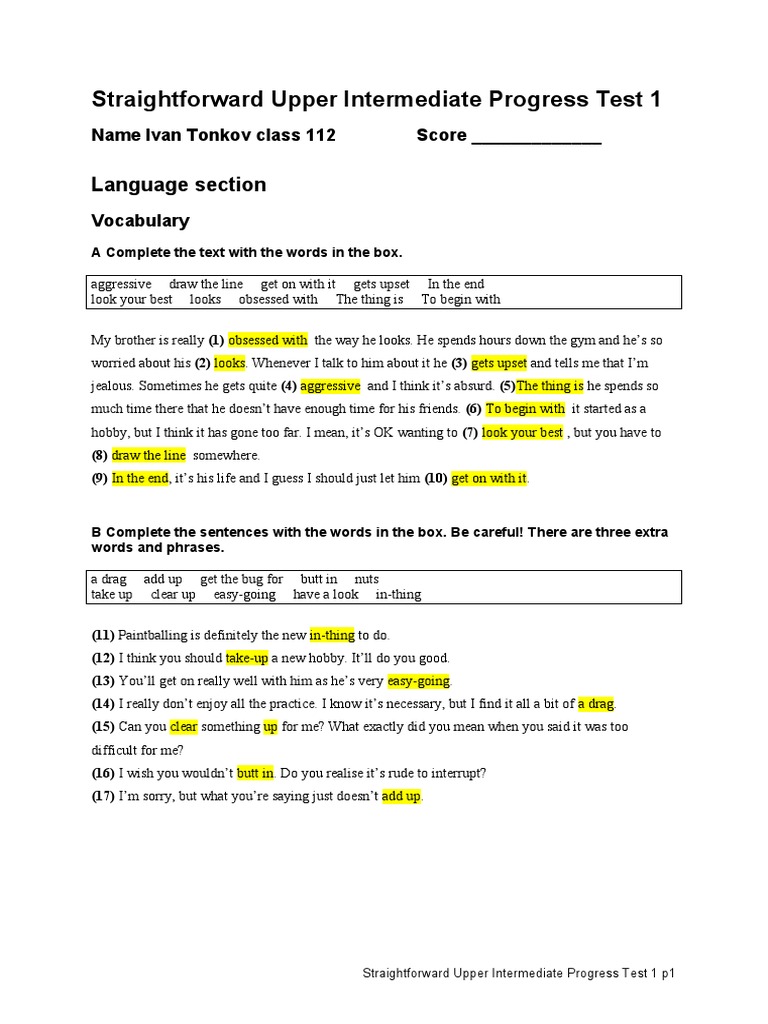 Straightforward Upper Intermediate Progress Test 1 Key Points | PDF | Fox