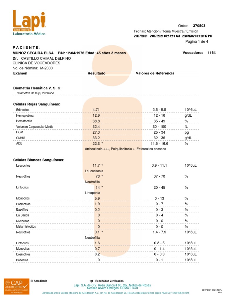 Resultados de Laboratorio Clínico | PDF | Leucocito | Especialidades Medicas