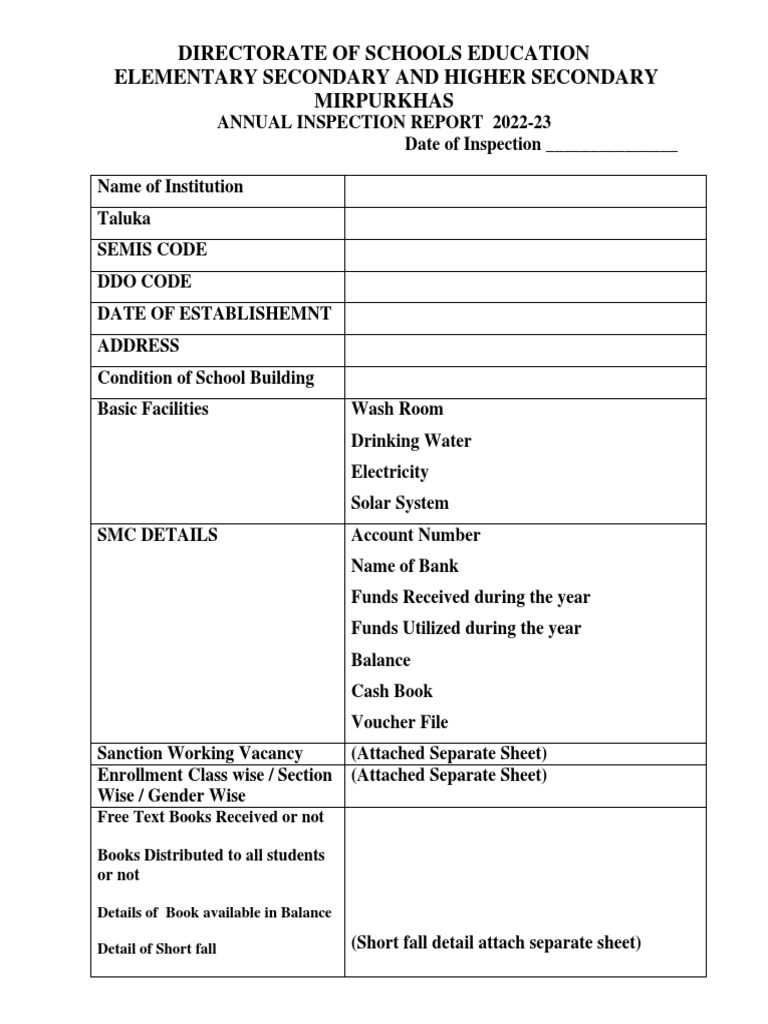 Annual School Inspection Report 2022-23 | PDF | Schools