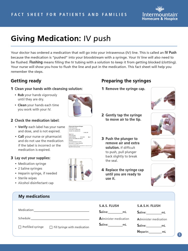 Giving Medication IV Push Fact Sheet Homecare Series | PDF | Syringe | Intravenous Therapy