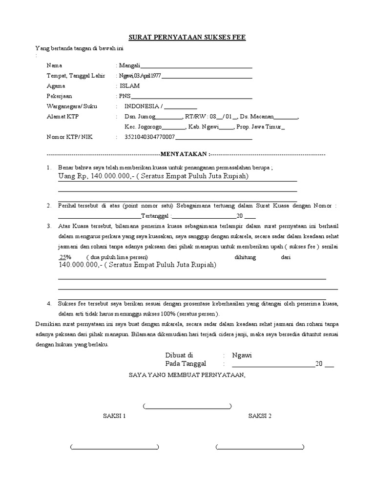 Surat Pernyataan Sukses Fee | PDF