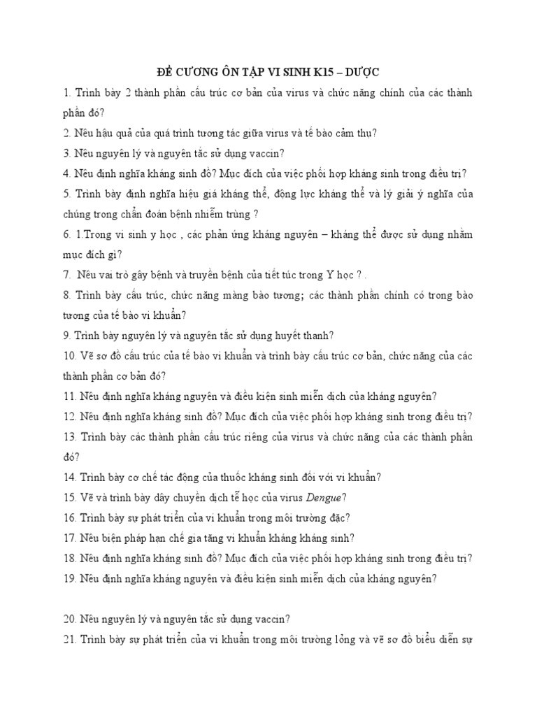 ĐỀ CƯƠNG ÔN TẬP VI SINH K15 | PDF