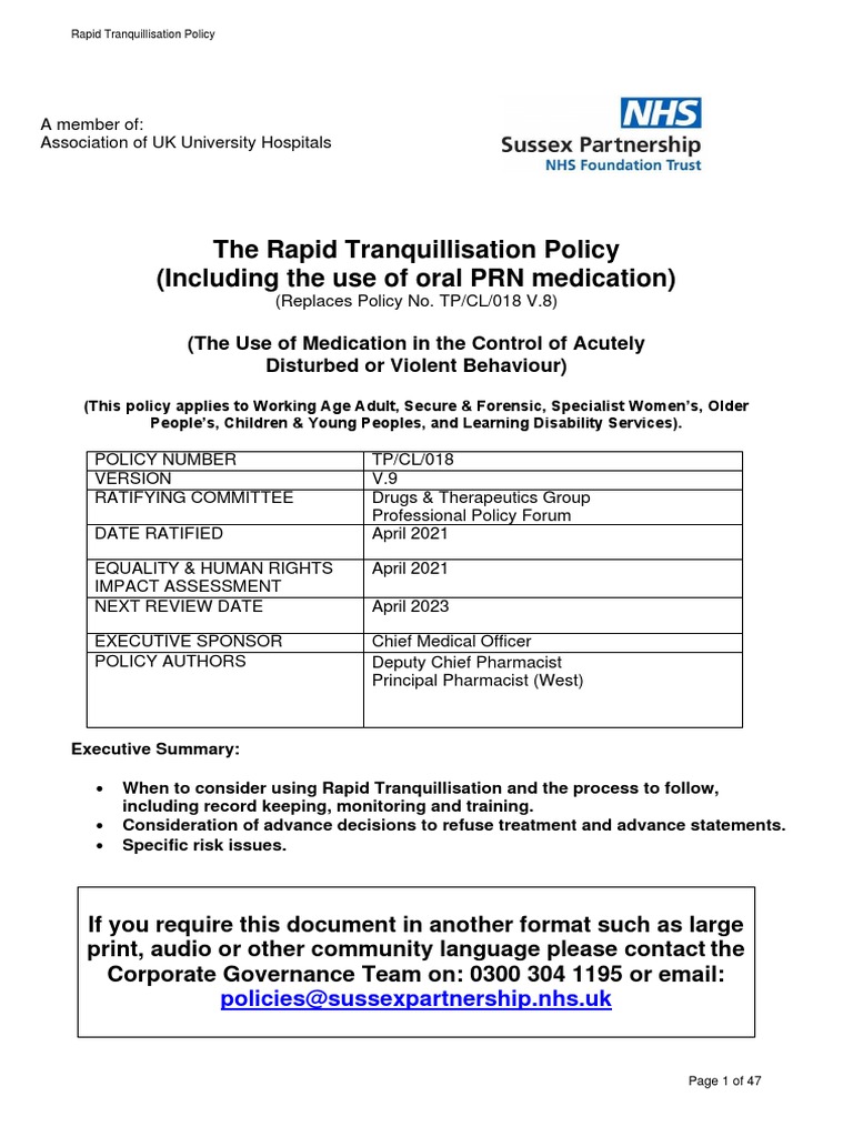 NHS Rapid Tranquillisation Policy | PDF | Informed Consent | Antipsychotic