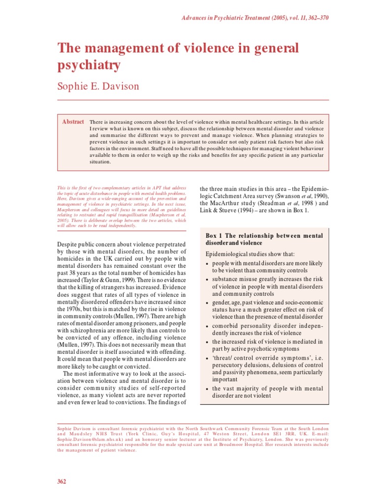 The Management of Violence in General Psychiatry. Sophie E. Davison ...