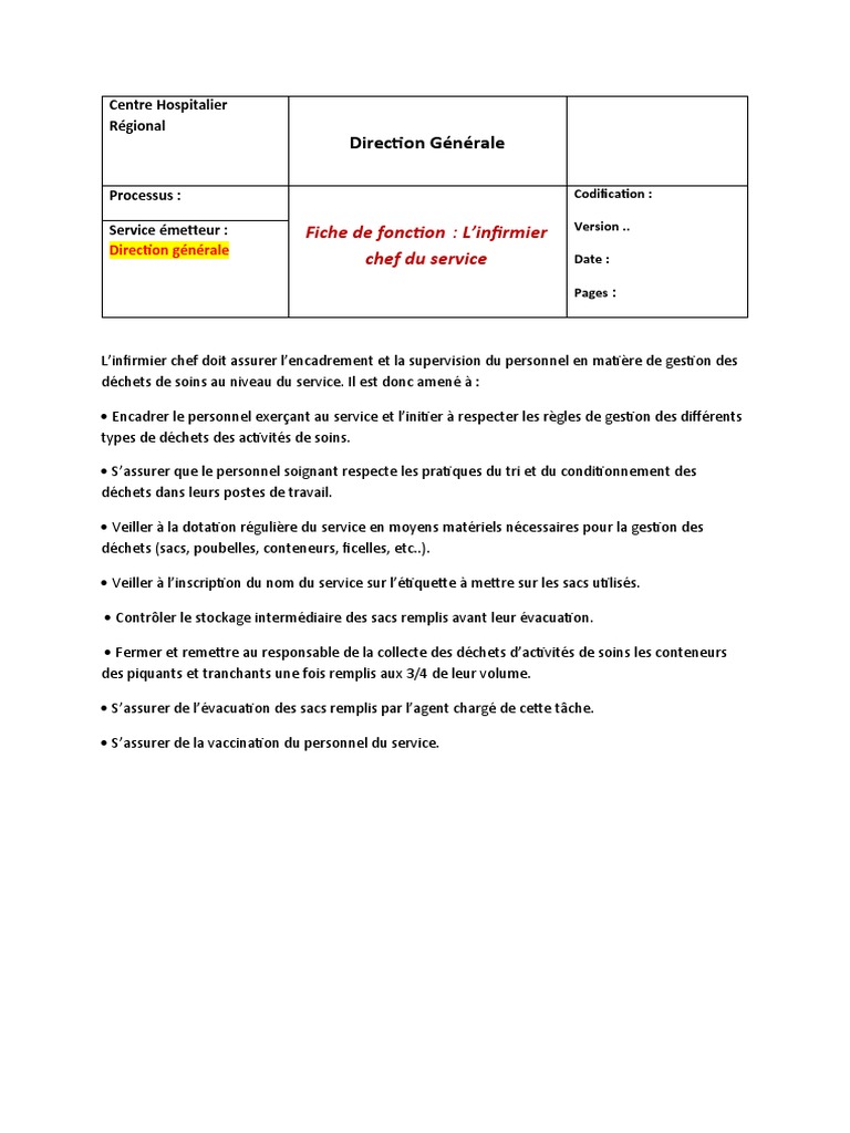 Fiche de Fonction L'infirmier Chef Du Service | PDF | Technologie et ...