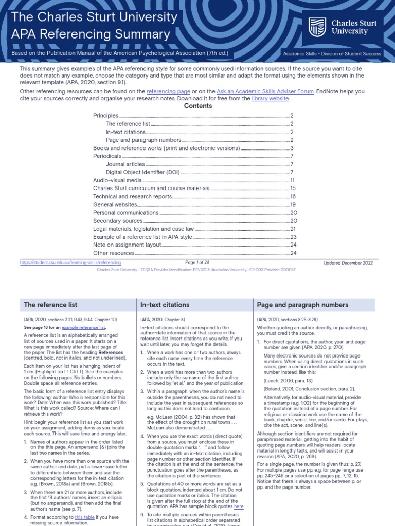 Charles Sturt University APA 7th Ed. Referencing Summary | PDF | Apa ...