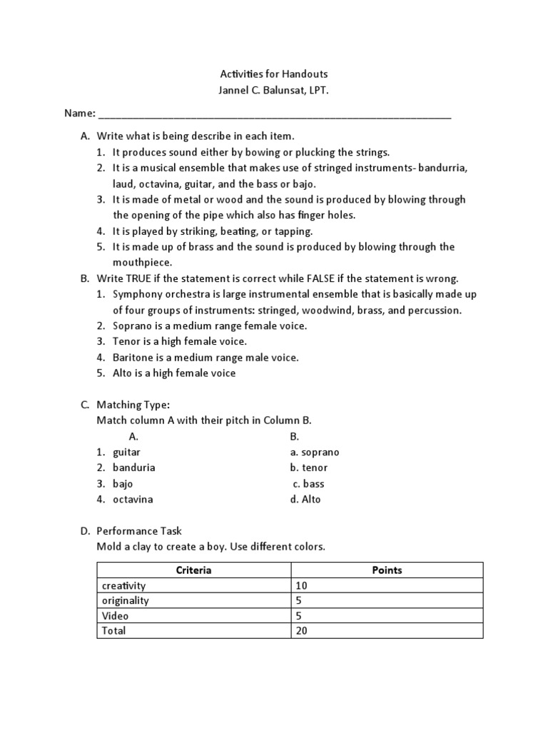 Activities For Handouts MAPEH | PDF