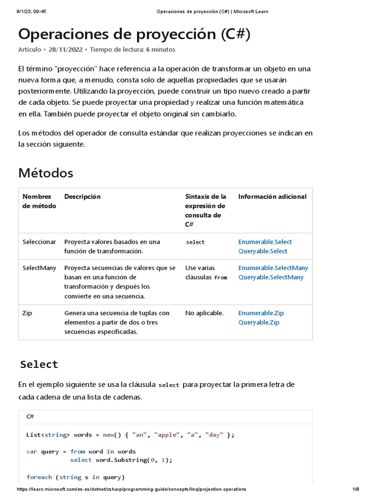 Operaciones de Proyección (C#) - Microsoft Learn | PDF | C Sharp ...