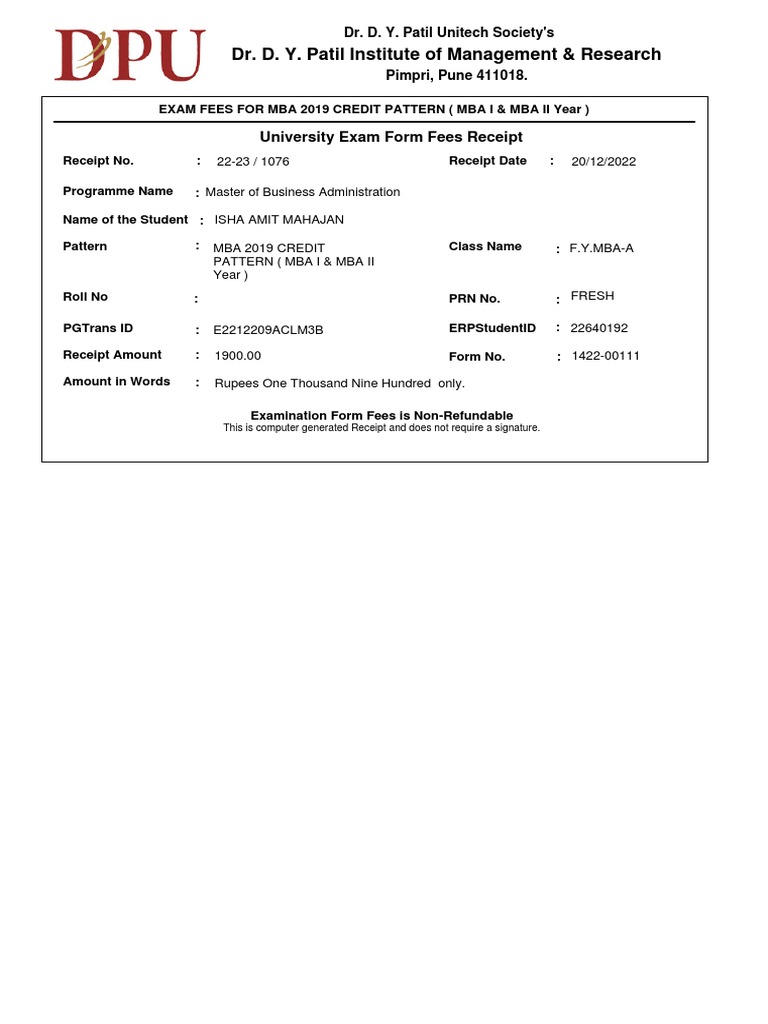 Exam Form Fee Receipt | PDF