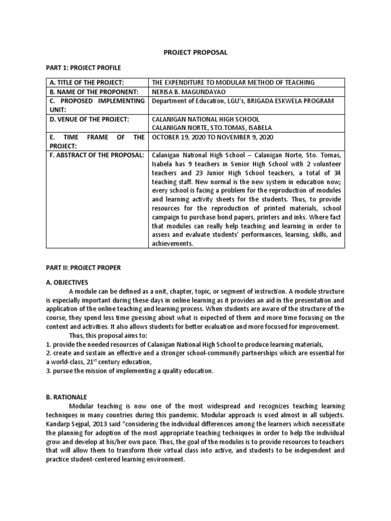 A Project Proposal The Expenditure of Modular Method of Teaching | PDF ...