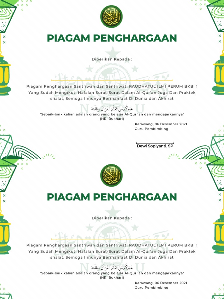 Piagam Penghargaan Santri RAUDHATUL ILMI | PDF | Karier & Perkembangan ...