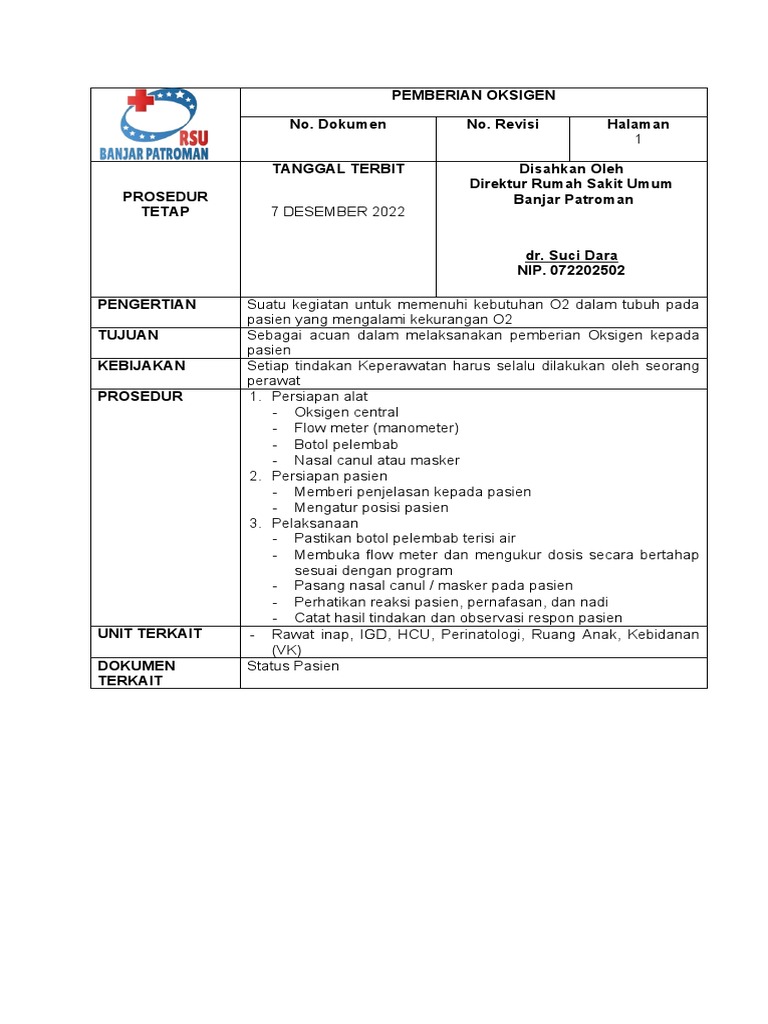 Prosedur Pemberian Oksigen | PDF