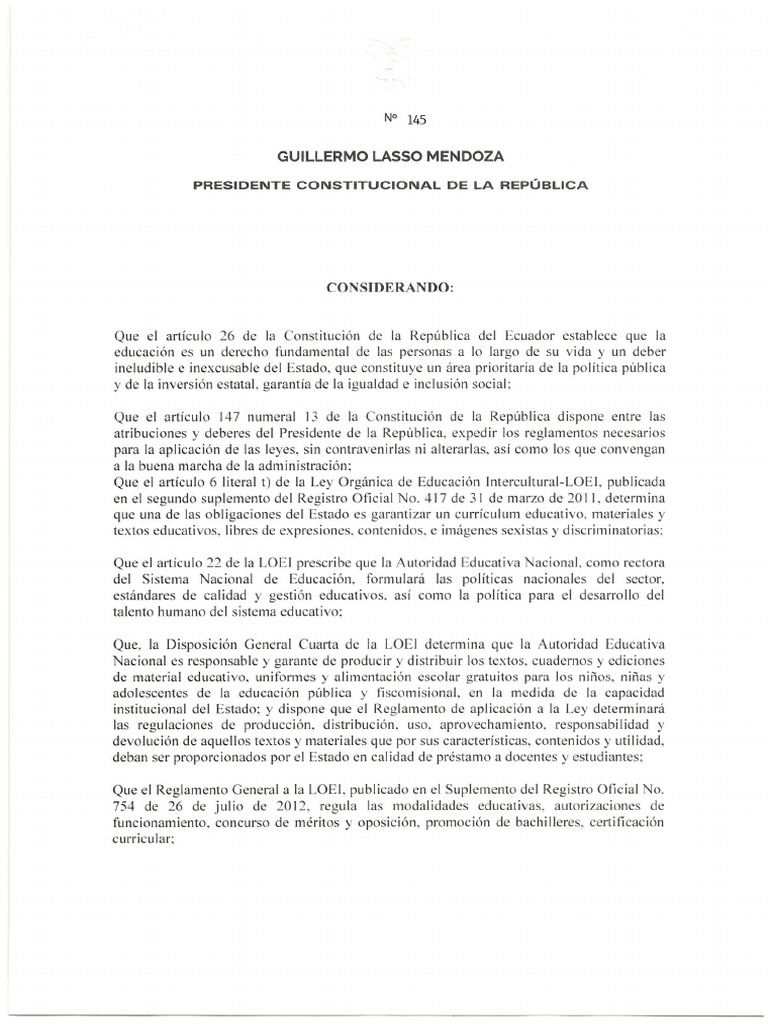 Decreto - Ejecutivo - No. - 145 - Reforma Al Reglamento LOEI | PDF