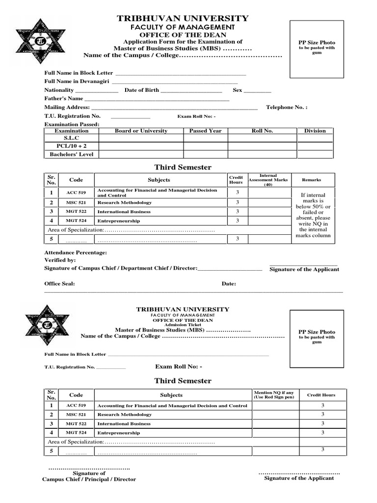 Exam Form For MBS and MPA 3rd Semester | PDF