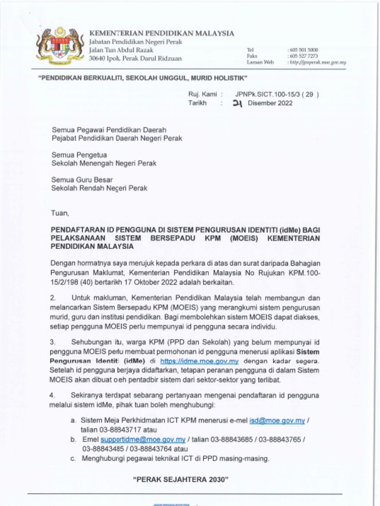 Surat Arahan Penggunaan Sistem Idme Ke PPD Dan Sekolah | PDF