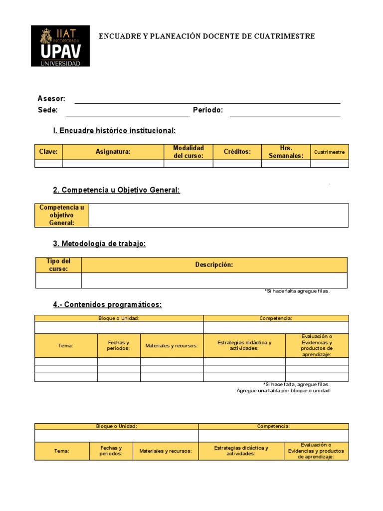 Formato Encuadre y Planeacion Docente Iiat-Upav | PDF | Evaluación | Aprendizaje