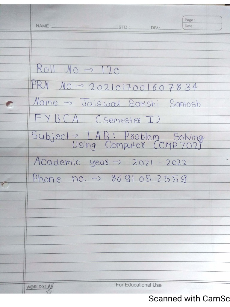 FYBCA-120-Jaiswal Sakshi - LAB-Problem Solving Using Computer (CMP702 ... FYBCA-120-Jaiswal Sakshi - LAB-Problem Solving Using Computer (CMP702 ...